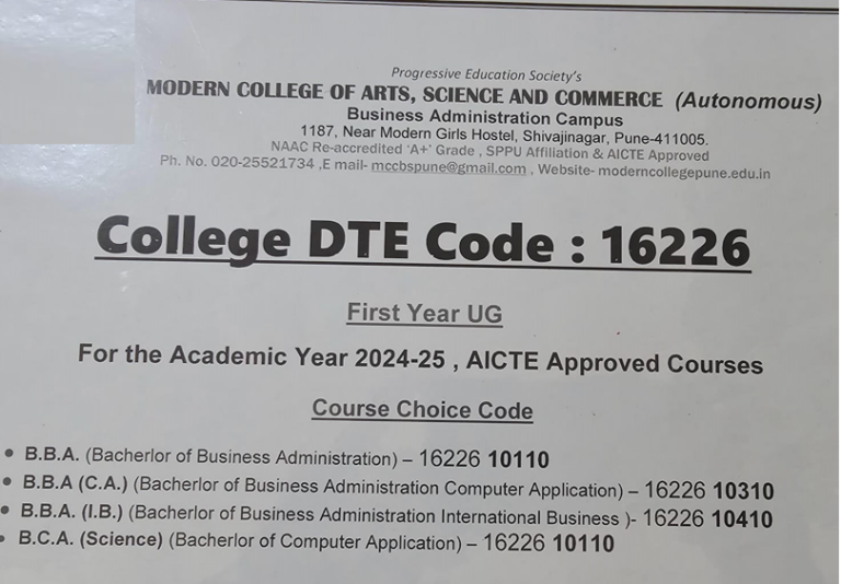 College DTE Codes for BBA, BBA (CA), BBA (IB) & BCA (Science) - Modern ...